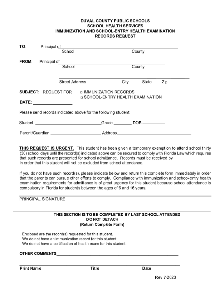 Fillable Online Immunization and School Entry Health Exam Records ...