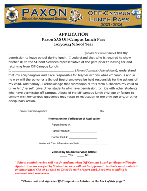 Fillable Online Fillable Online Paxon SAS Off-Campus Lunch Pass Fax ...