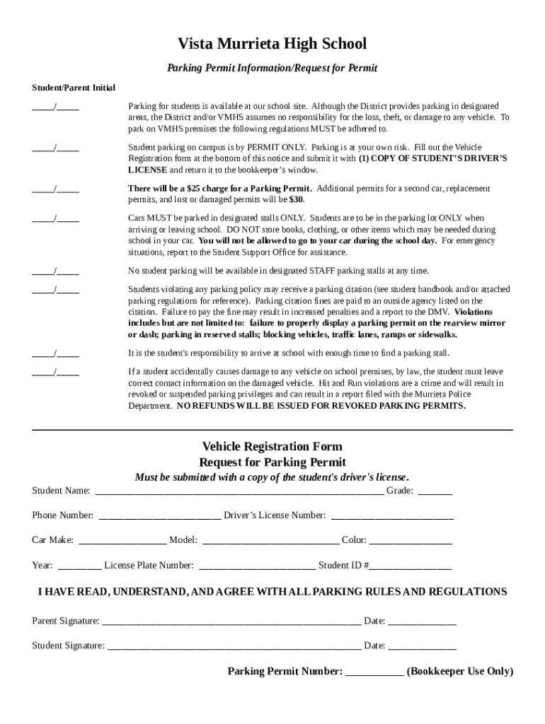 Vista Murrieta High School Student Parking Ination Doc Template | pdfFiller