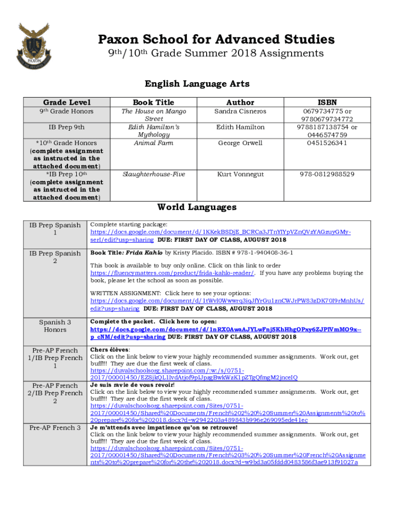 Fillable Online Summer Assignment... - Paxon School for Advanced ...