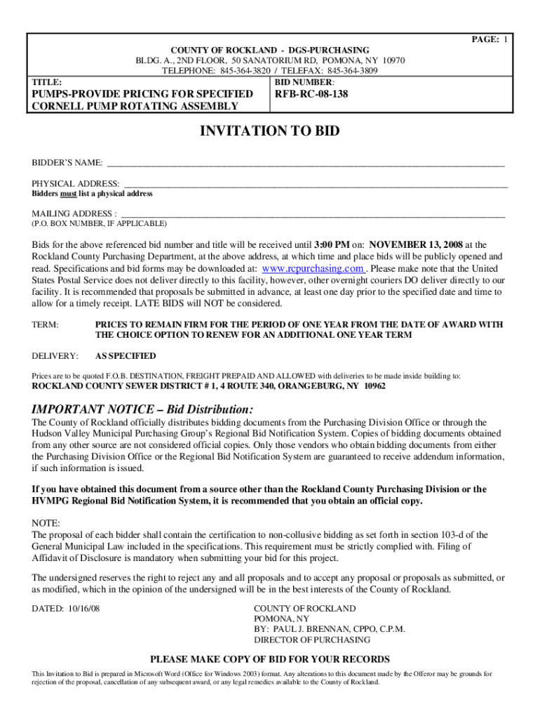 Fillable Online RFB-RC-08-138 Pumps - Provide Pricing For Specified Cornell Pump Rotating ...