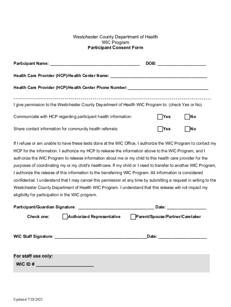 Fillable Online WIC Participant Consent Form. WIC Participant Consent ...