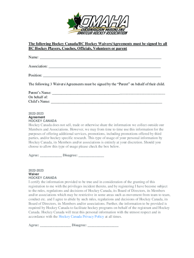 Fillable Online The following Hockey Canada/BC Hockey Waivers ... Fax ...