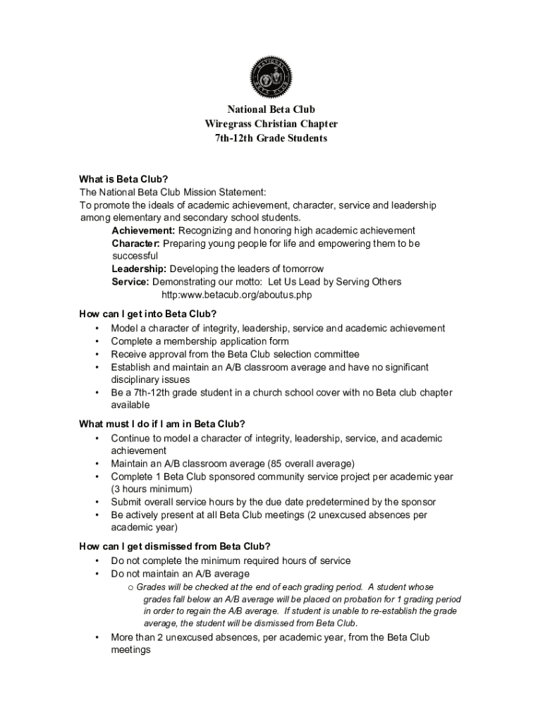 Fillable Online WHAT IS BETA CLUB? National Beta is the nation's ...