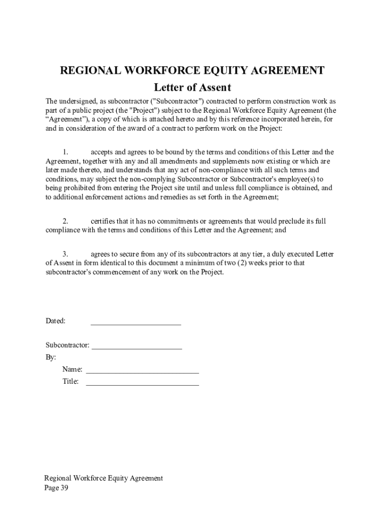 Fillable Online REGIONAL WORKFORCE EQUITY AGREEMENT Letter of Assent ...