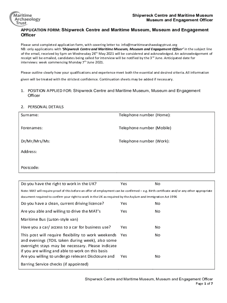 Fillable Online gem org APPLICATION FORM: Shipwreck Centre and Maritime ...