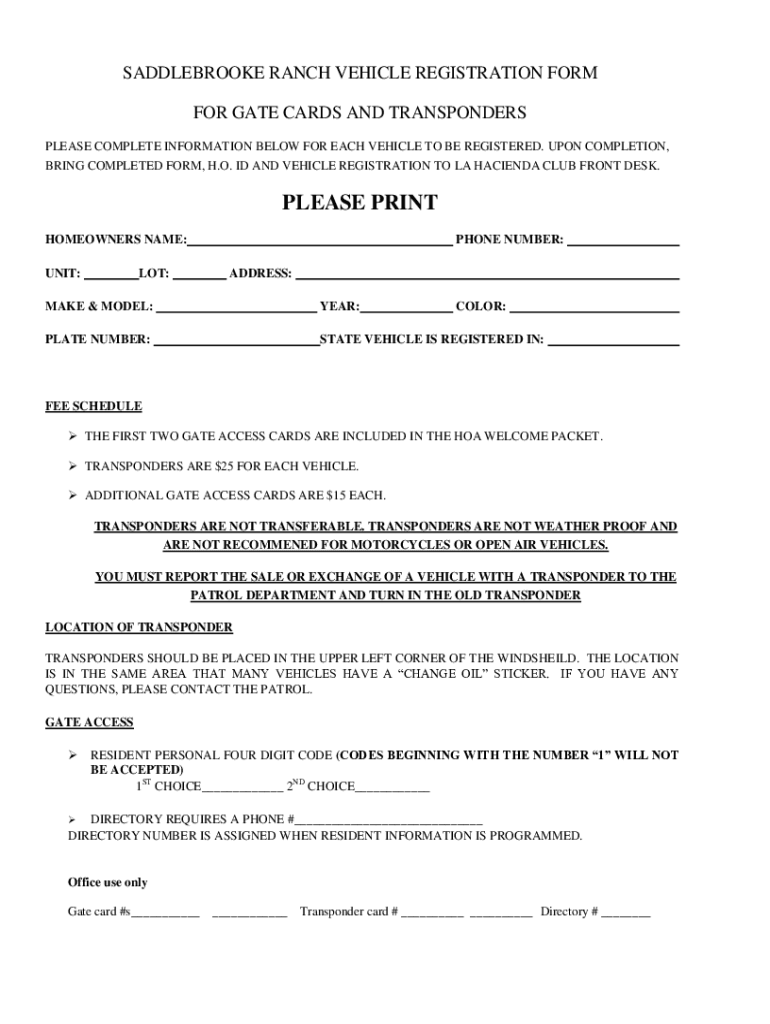 Fillable Online saddlebrooke ranch vehicle registration form for gate ...