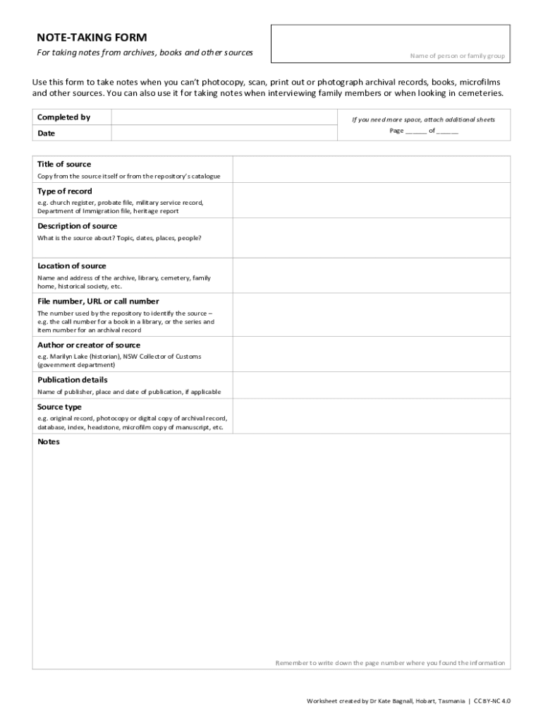 Fillable Online For taking notes from archives, books and other sources ...