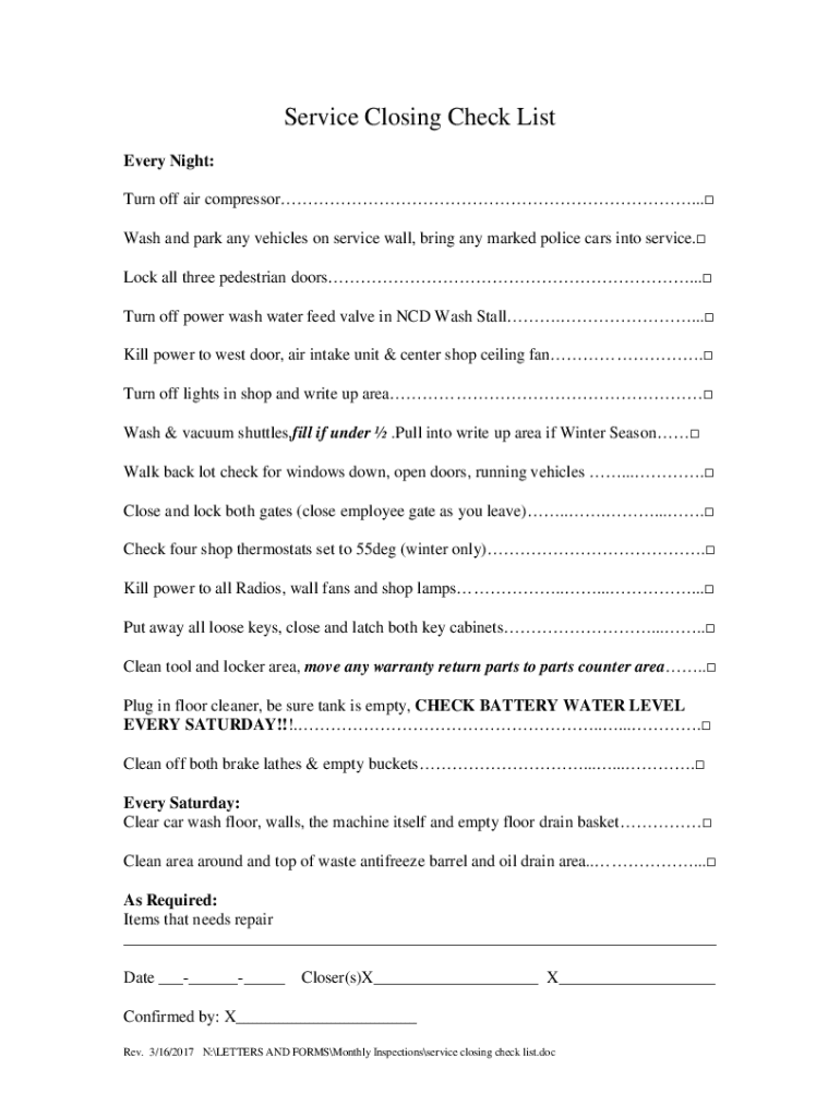 Fillable Online service closing check list Livonia.doc Fax Email Print ...