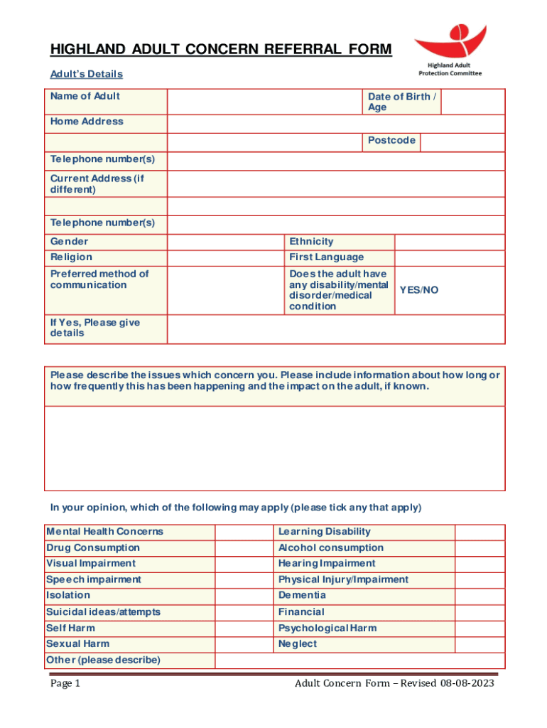 Fillable Online HIGHLAND ADULT CONCERN REFERRAL FORM Fax Email Print ...