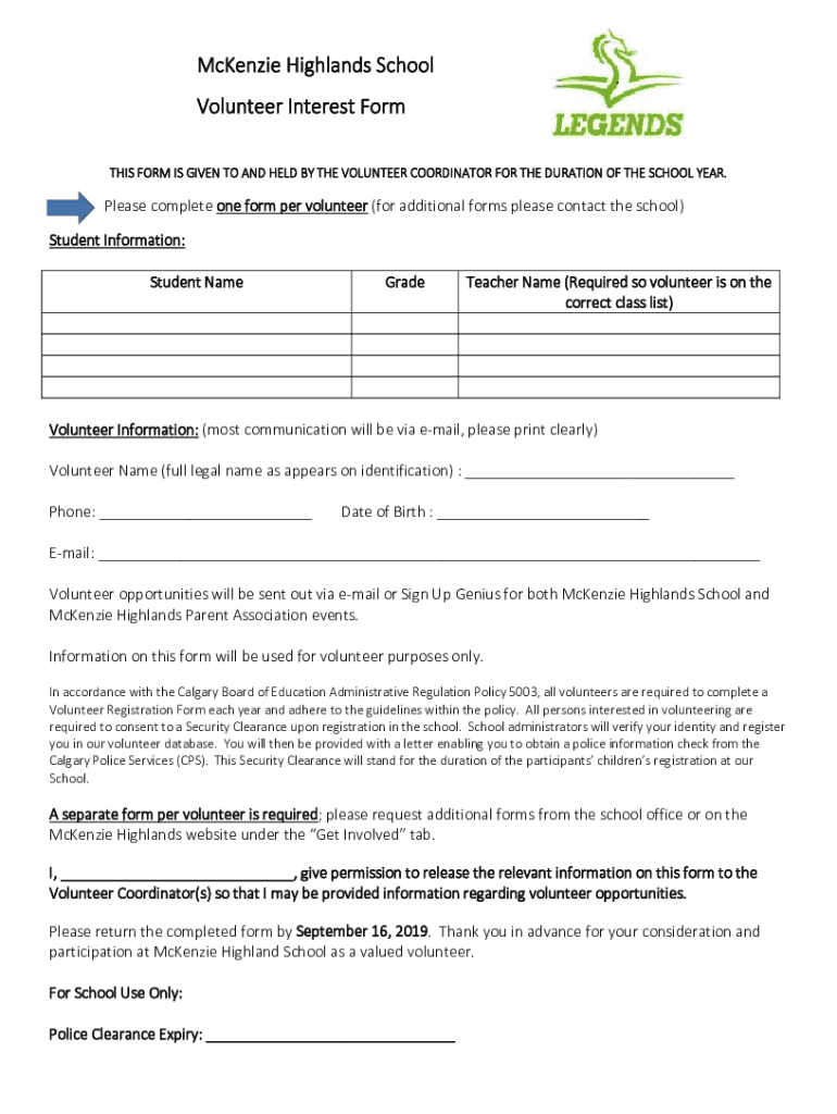 Fillable Online McKenzie Highlands School Volunteer Interest Form Fax Email Print - pdfFiller