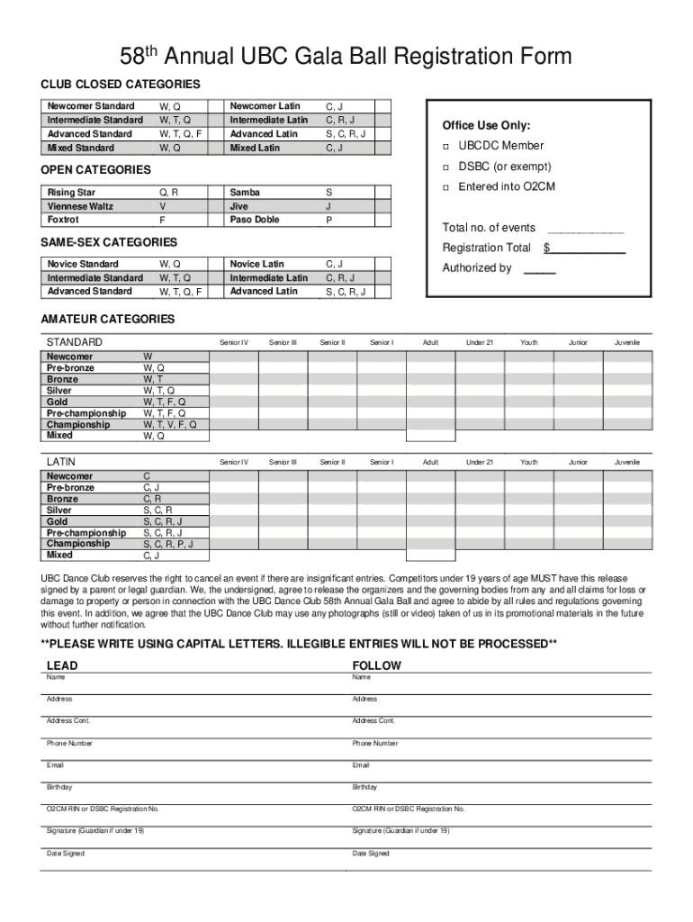 Fillable Online 58th Annual UBC Gala Ball Registration Sheet Fax Email ...