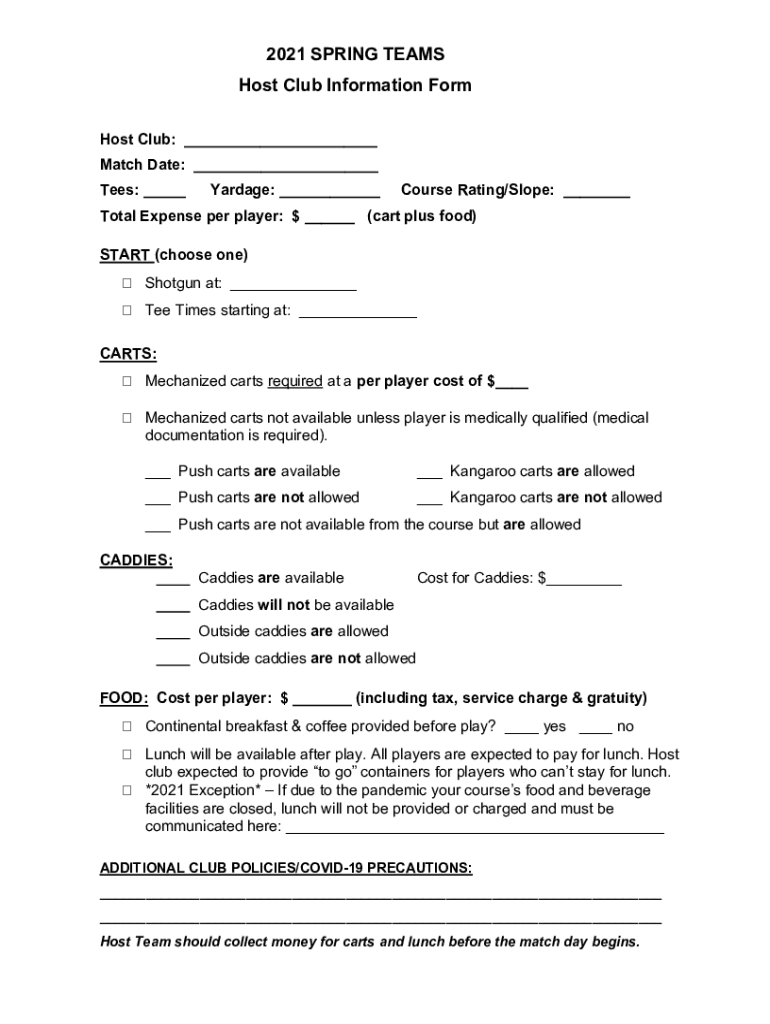 Fillable Online 2021 SPRING TEAMS Host Club Information Form Fax Email ...