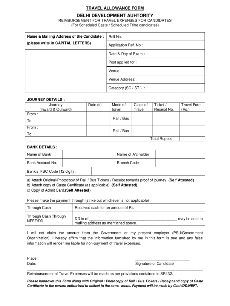 Fillable Online travel allowance form - delhi development auhtority Fax ...