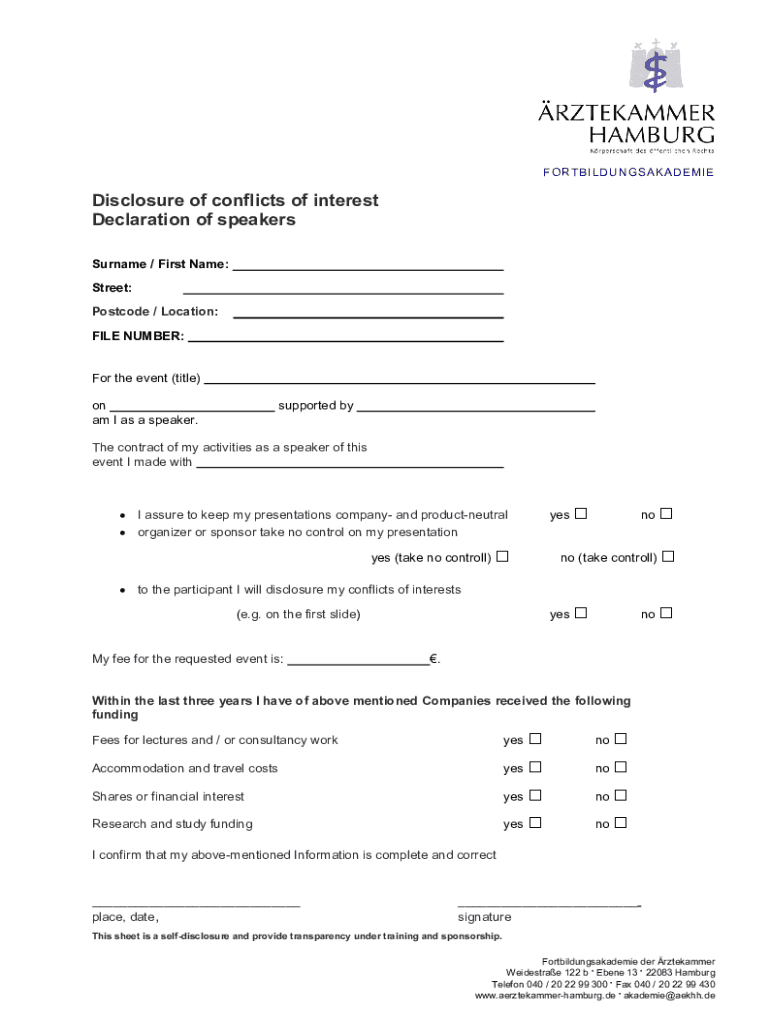 Fillable Online Disclosure of conflicts of interest Declaration of speakers Fax Email Print ...