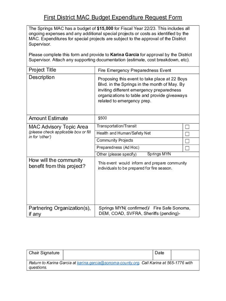 Fillable Online First District MAC Budget Expenditure Request Form - Fire Emergency Preparedness ...