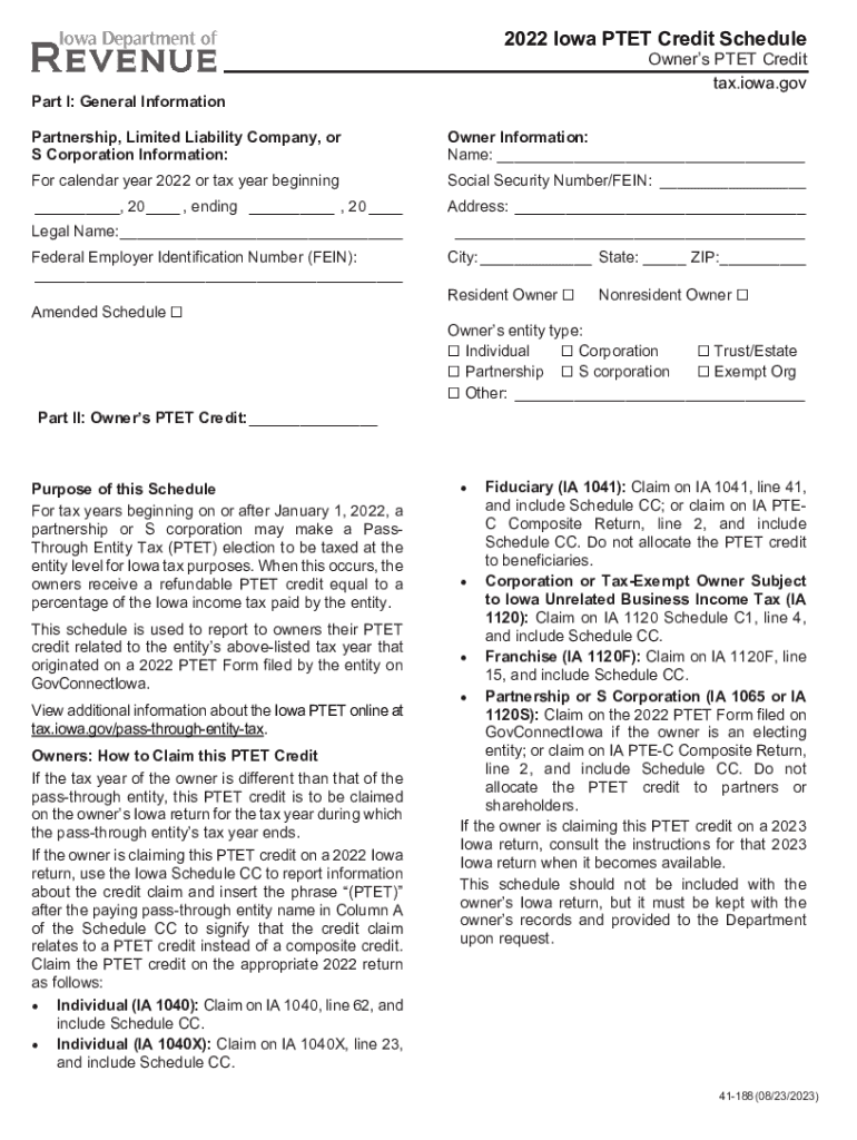 Fillable Online IA PTET Credit Schedule, 41-188 - Iowa Department of ...