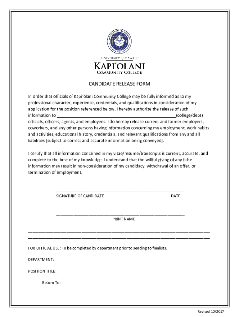 Fillable Online CANDIDATE RELEASE FORM Fax Email Print - pdfFiller