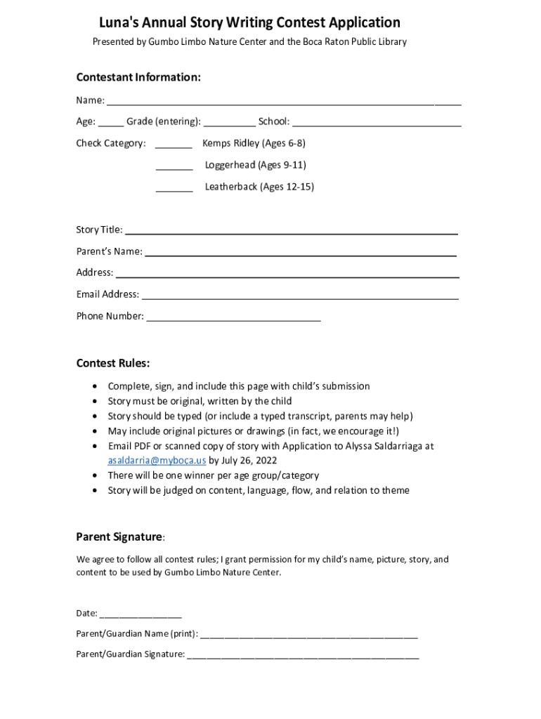 Fillable Online Luna's Annual Story Writing Contest Application Fax ...