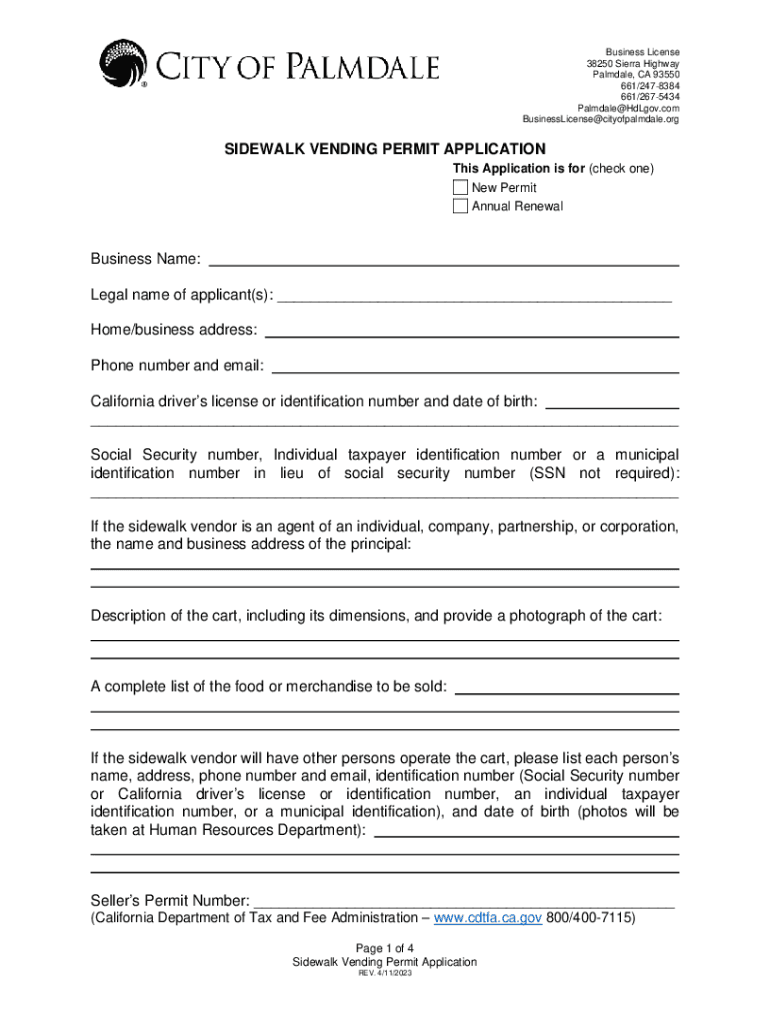 Fillable Online SIDEWALK VENDING PERMIT APPLICATION Business Name ...