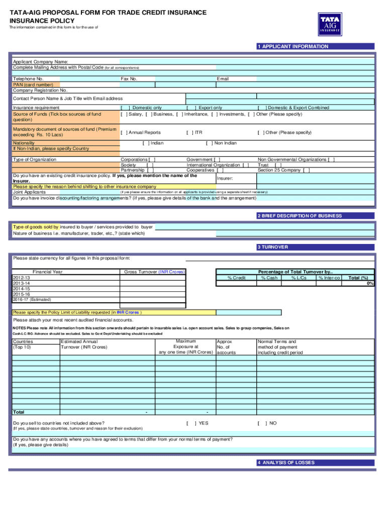 Fillable Online Fillable Online tata-aig proposal form for trade credit ...