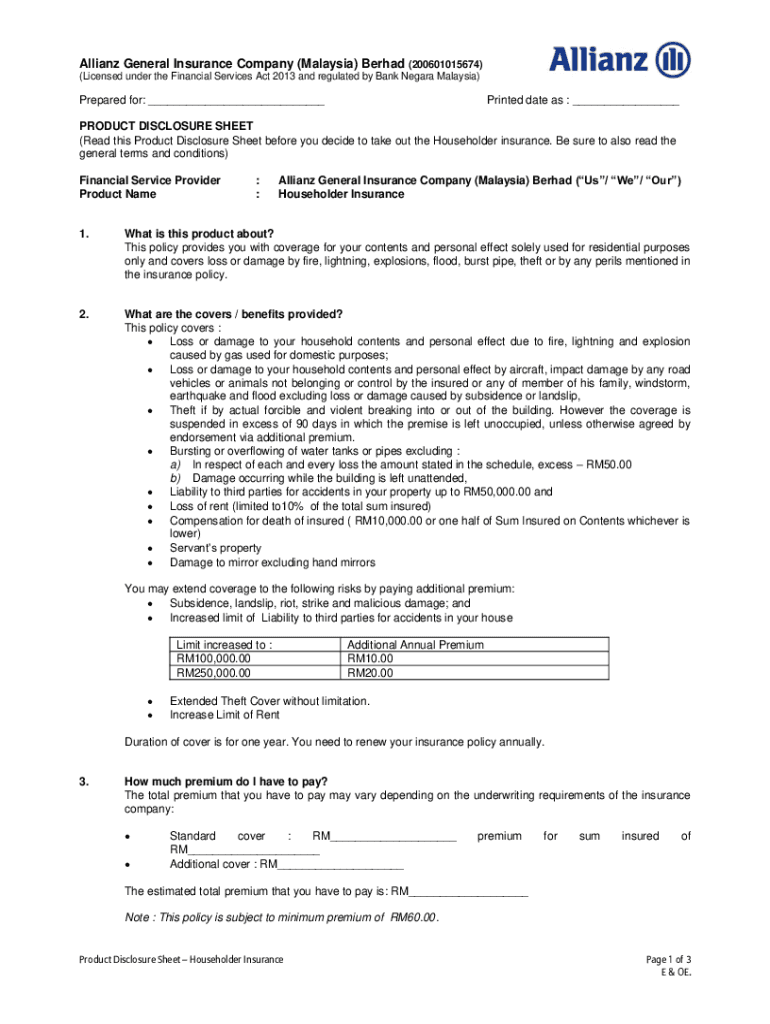 Fillable Online Allianz General Insurance Company (Malaysia) Berhad ...