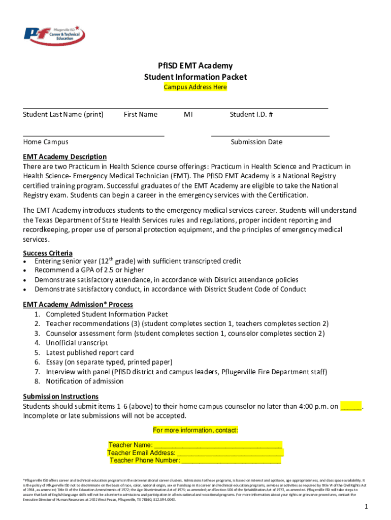 Fillable Online PfISD Fire/EMT Academy at Hendrickson High School ...