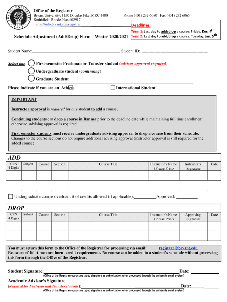 Fillable Online Schedule Adjustment (Add/Drop) Form Fax Email Print - pdfFiller