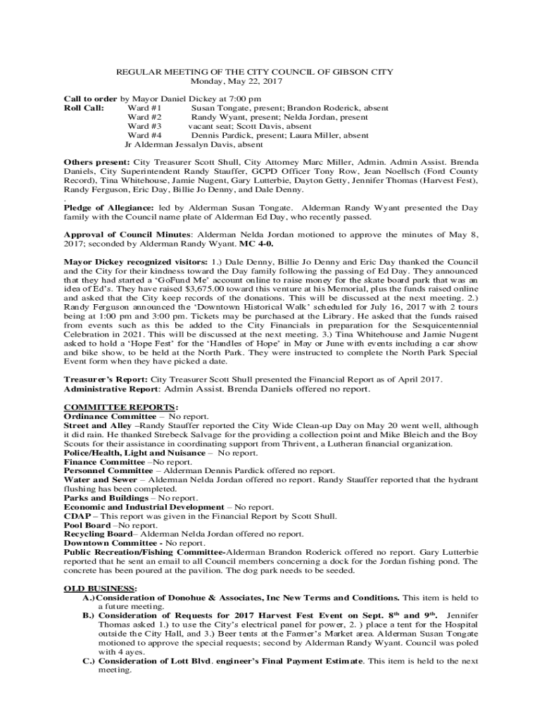 Fillable Online Susan Tongate, present; Brandon Roderick, absent Fax ...