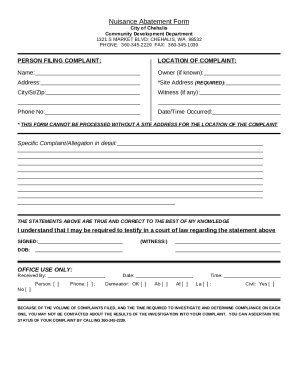 NUISANCE ABATEMENT/ANIMAL CONTROL COMPLAINT Doc Template | pdfFiller