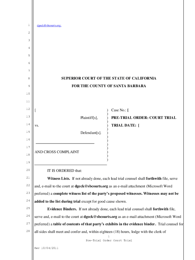 Fillable Online ) PRE-TRIAL ORDER: COURT TRIAL Fax Email Print - pdfFiller