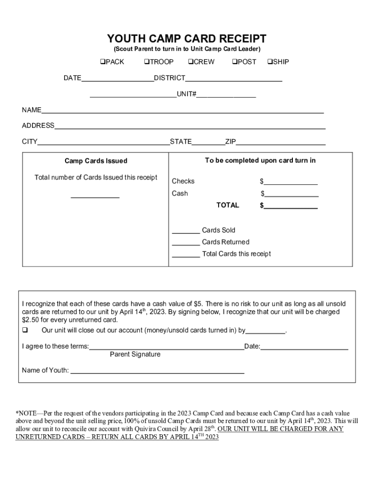 Fillable Online Unit/Scout Camp Card Receipt Fax Email Print - pdfFiller