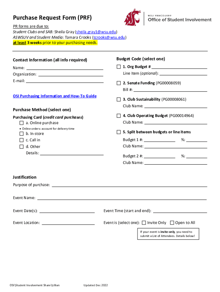 Fillable Online studentaffairs vancouver wsu OSI - Purchase Request Form Fax Email Print - pdfFiller