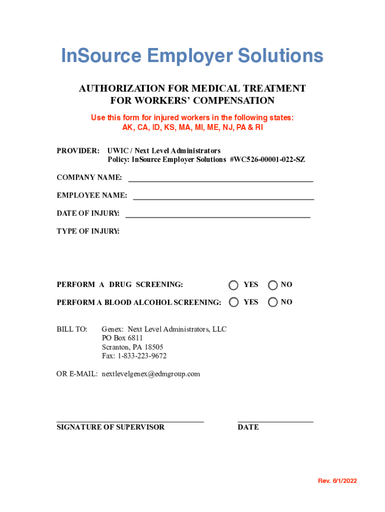 Completable En línea workers compensation initial authorization to ...