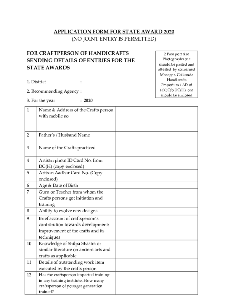 Fillable Online APPLICATION FORM FOR STATE AWARDS 2020 F Fax Email ...