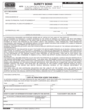 Fillable Online Oregon Motor Vehicle Dealer or Rebuilder Bond Fax Email Print - pdfFiller