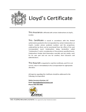 Fillable Online Lloyd's Certificate - iNext Fax Email Print - pdfFiller