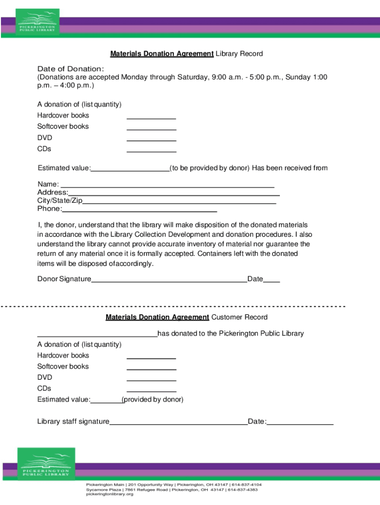 Fillable Online Pickerington Public Library Donation Form. Materials ...