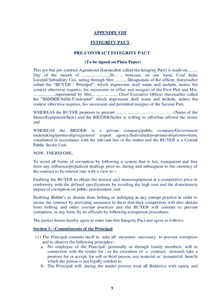 Fillable Online Pre-Contract Integrity Pact (To be executed on a non ...