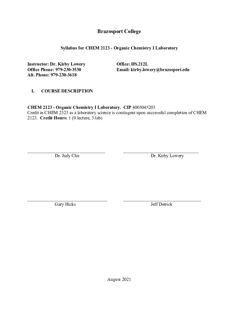 Fillable Online Syllabus for CHEM 2323 - Organic Chemistry I Fax Email Print - pdfFiller