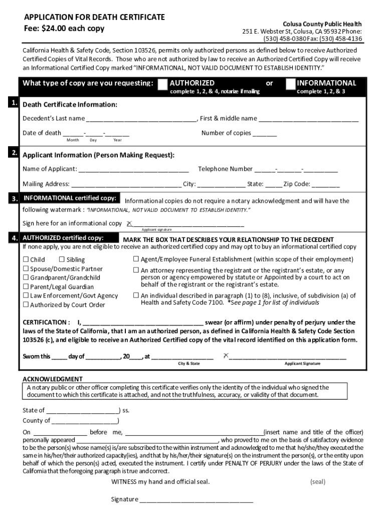 Fillable Online APPLICATION FOR DEATH CERTIFICATE Fee: $24.00 each copy Fax Email Print - pdfFiller