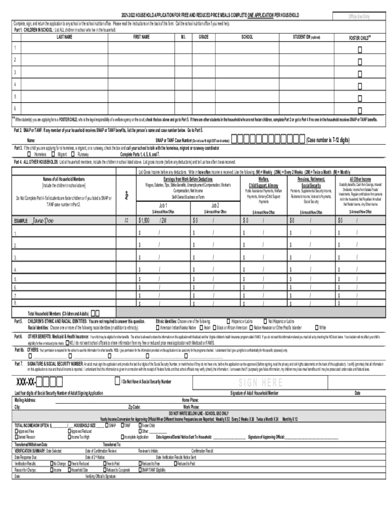 Fillable Online 2021-2022 HOUSEHOLD APPLICATION FOR FREE AND REDUCED ...