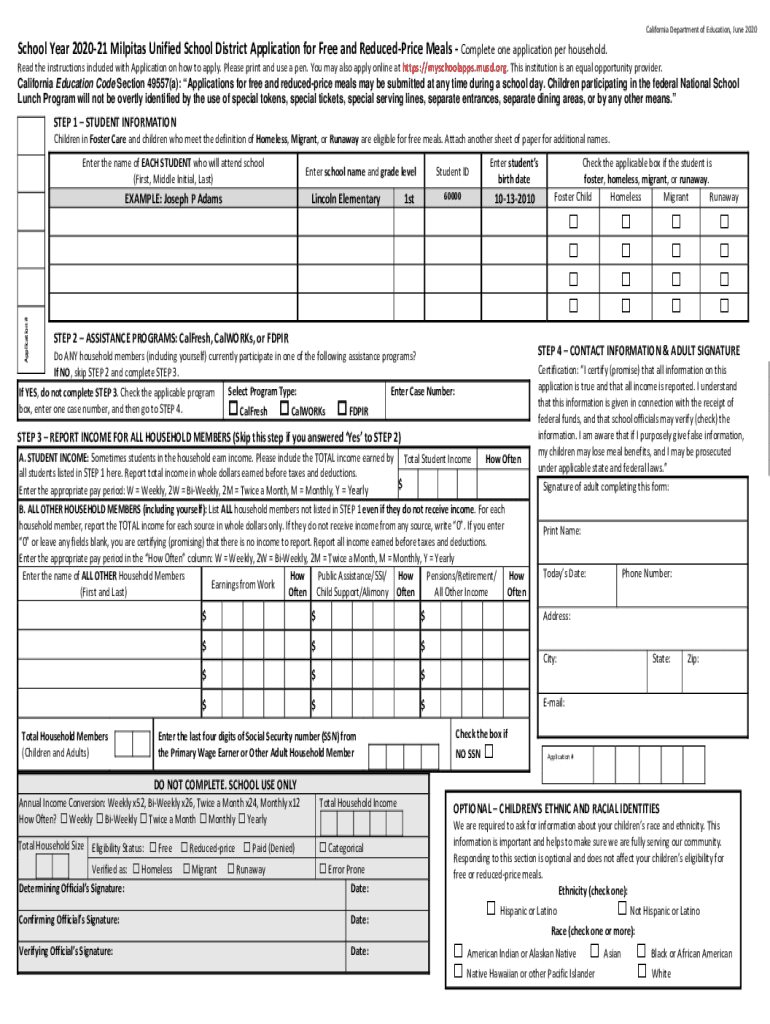Fillable Online SMP Meal Application - School Nutrition (CA Dept of ...