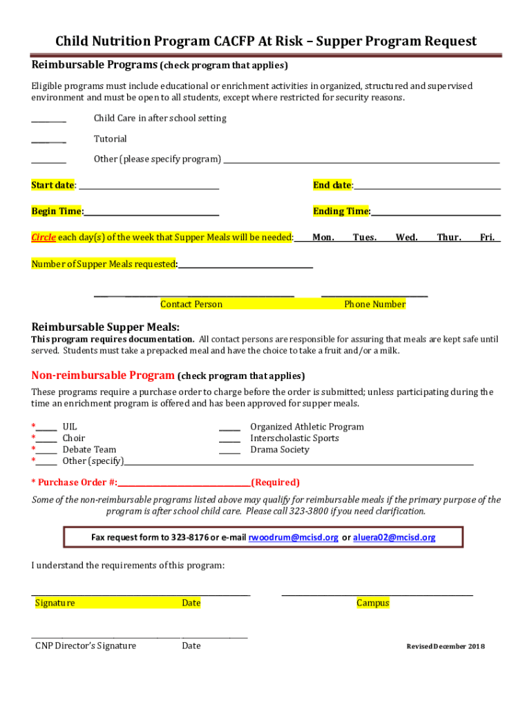 Fillable Online Child Nutrition Program CACFP At RiskSupper Program ...