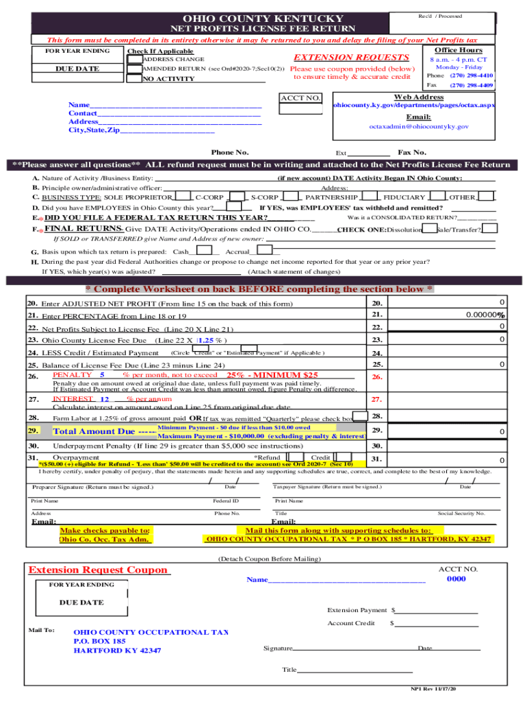 Fillable Online 2020 - Form NP100 Net Profit License Tax Returns Fax ...