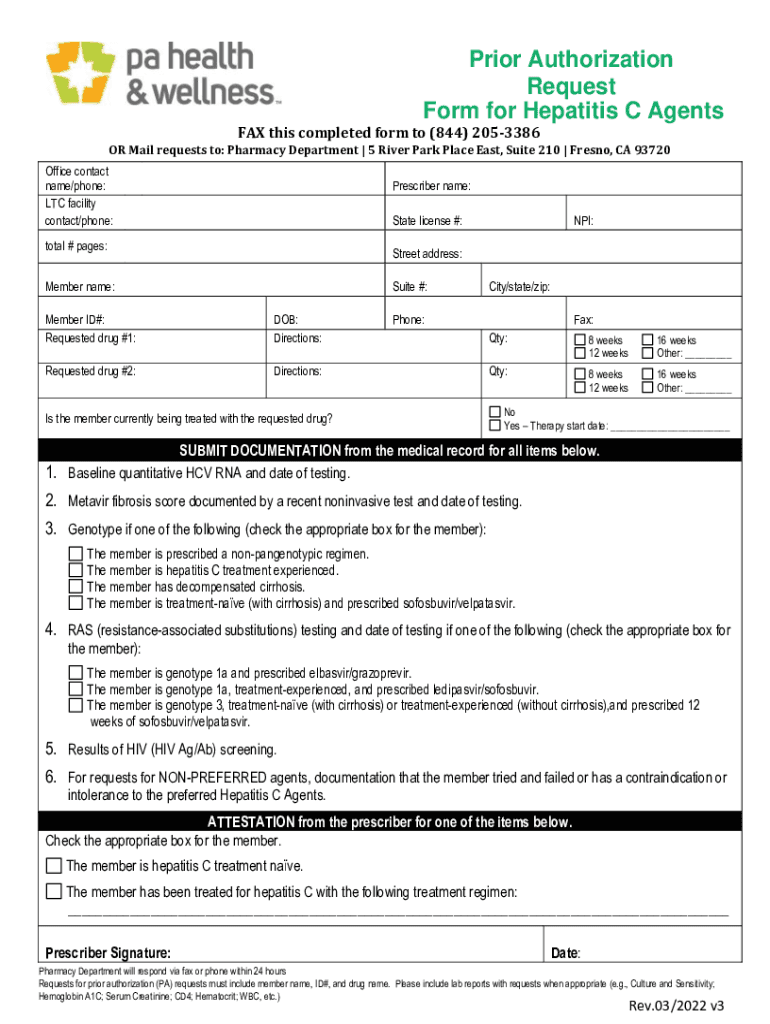 Fillable Online Prior Authorization Request Form for Hepatitis C Agents ...