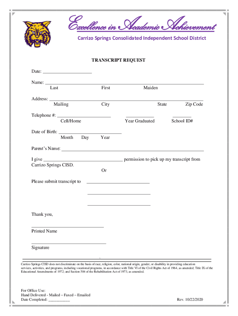 Fillable Online Alumni Transcript Request - Fort Worth ISD Records ...