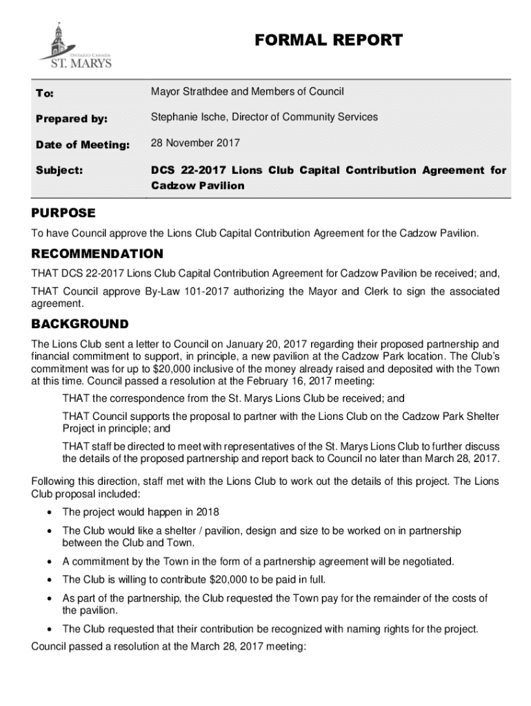Fillable Online DCS 22-2017 Lions Club Capital Contribution Agreement ...