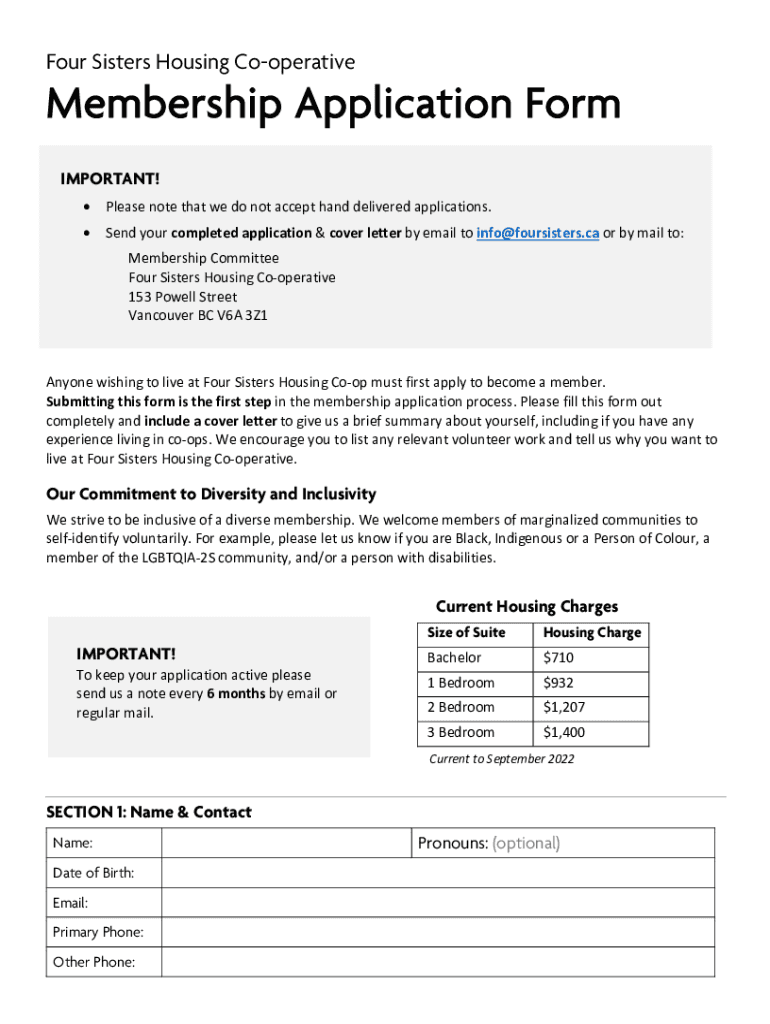 Fillable Online Four Sisters Housing Co-operative Membership ...
