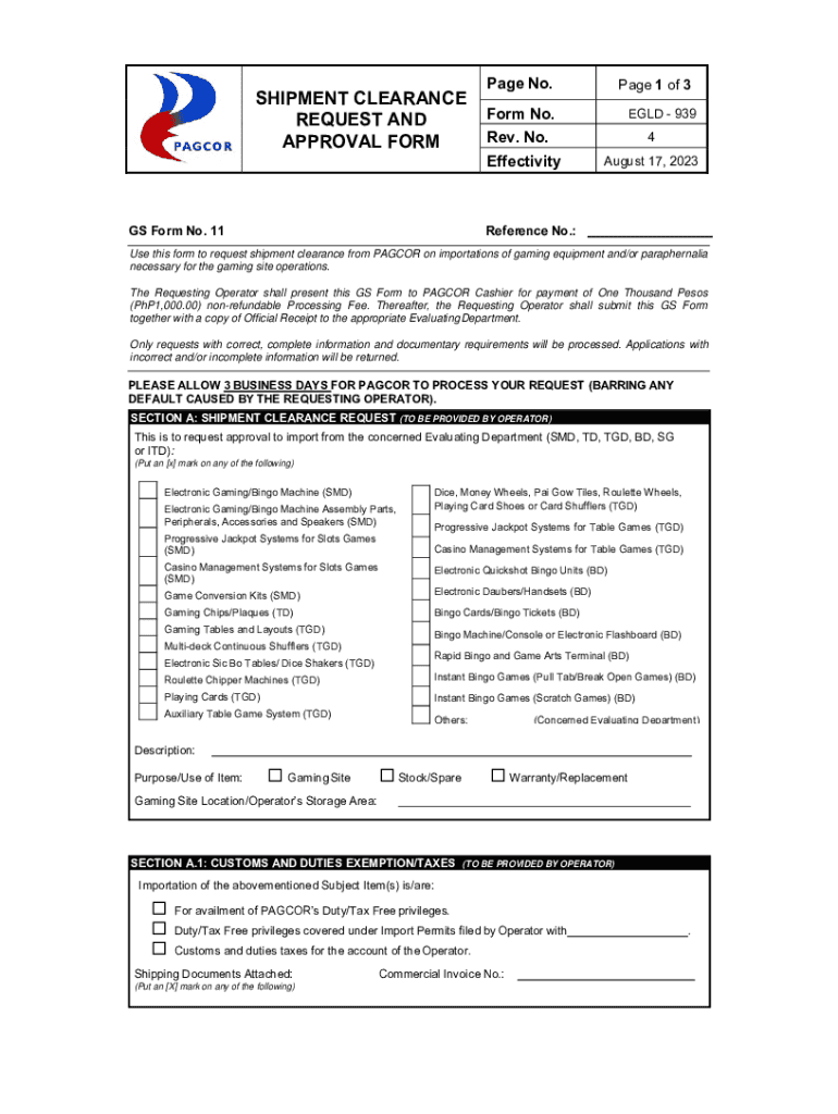 Fillable Online GS Form No. 11 - Shipment Clearance Request and ... Fax ...
